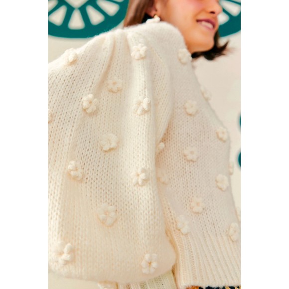 FARM Rio | Sweaters | Farm Rio White Handmade Flowers Sweater M Floral Applique Puff Sleeves ...